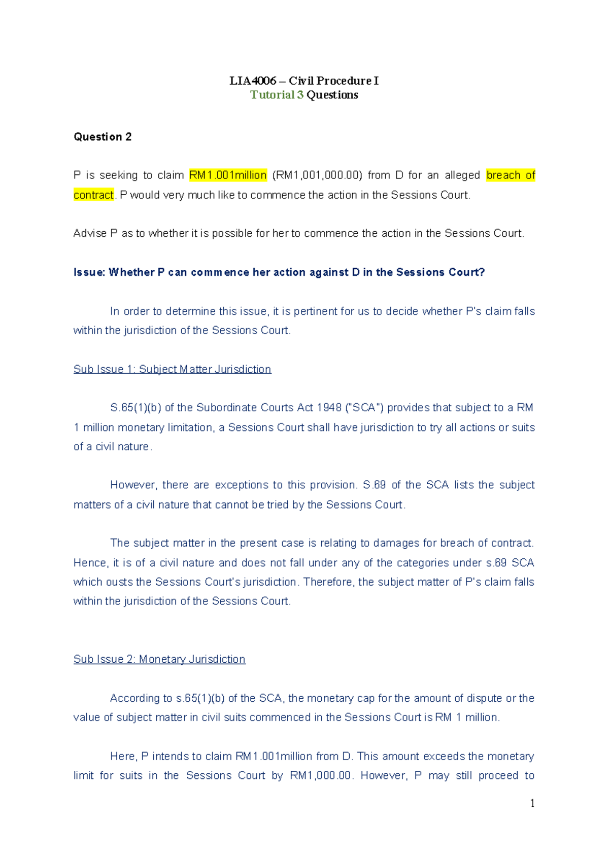 Tutorial 3 Questions - LIA4006 – Civil Procedure I Tutorial 3 Questions Question 2 P is seeking ...