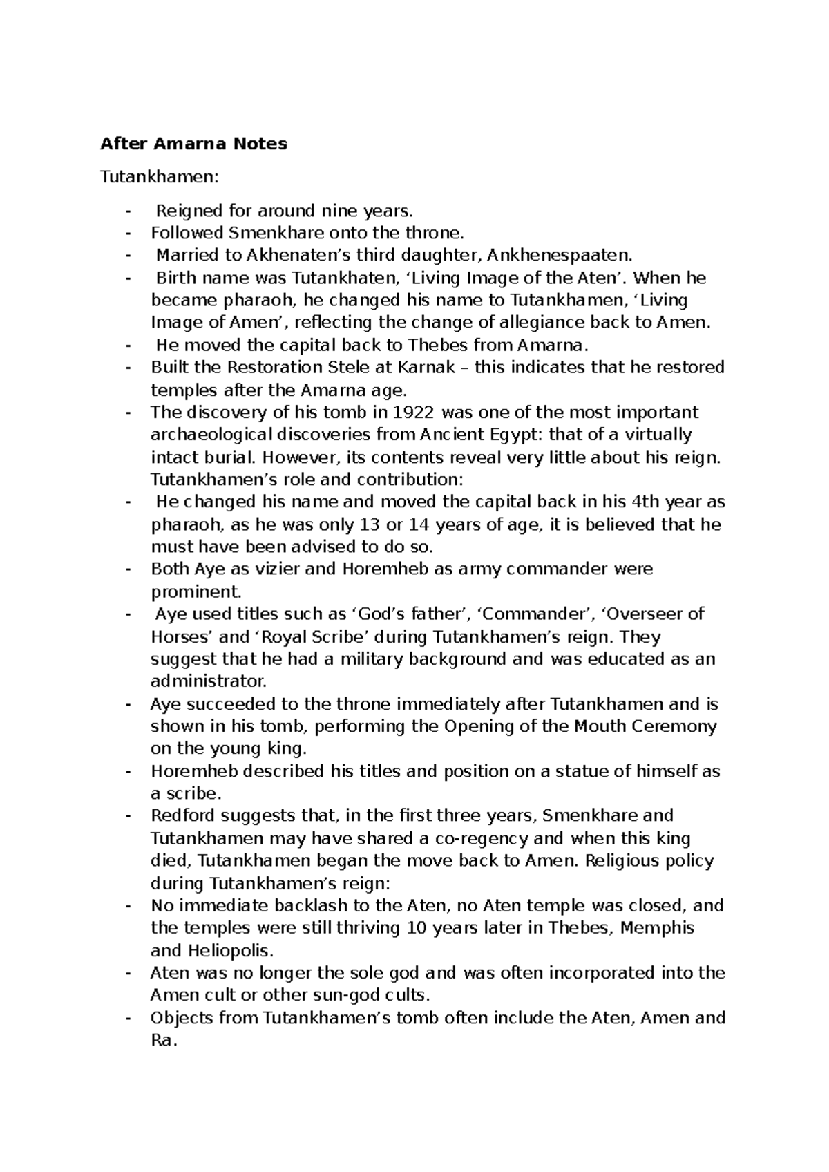 Ancient notes - After Amarna Notes Tutankhamen: - Reigned for around ...