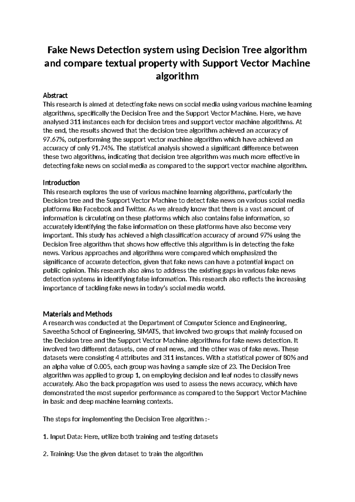 Fake News Detection System Using Decision Tree Algorithm And Compare