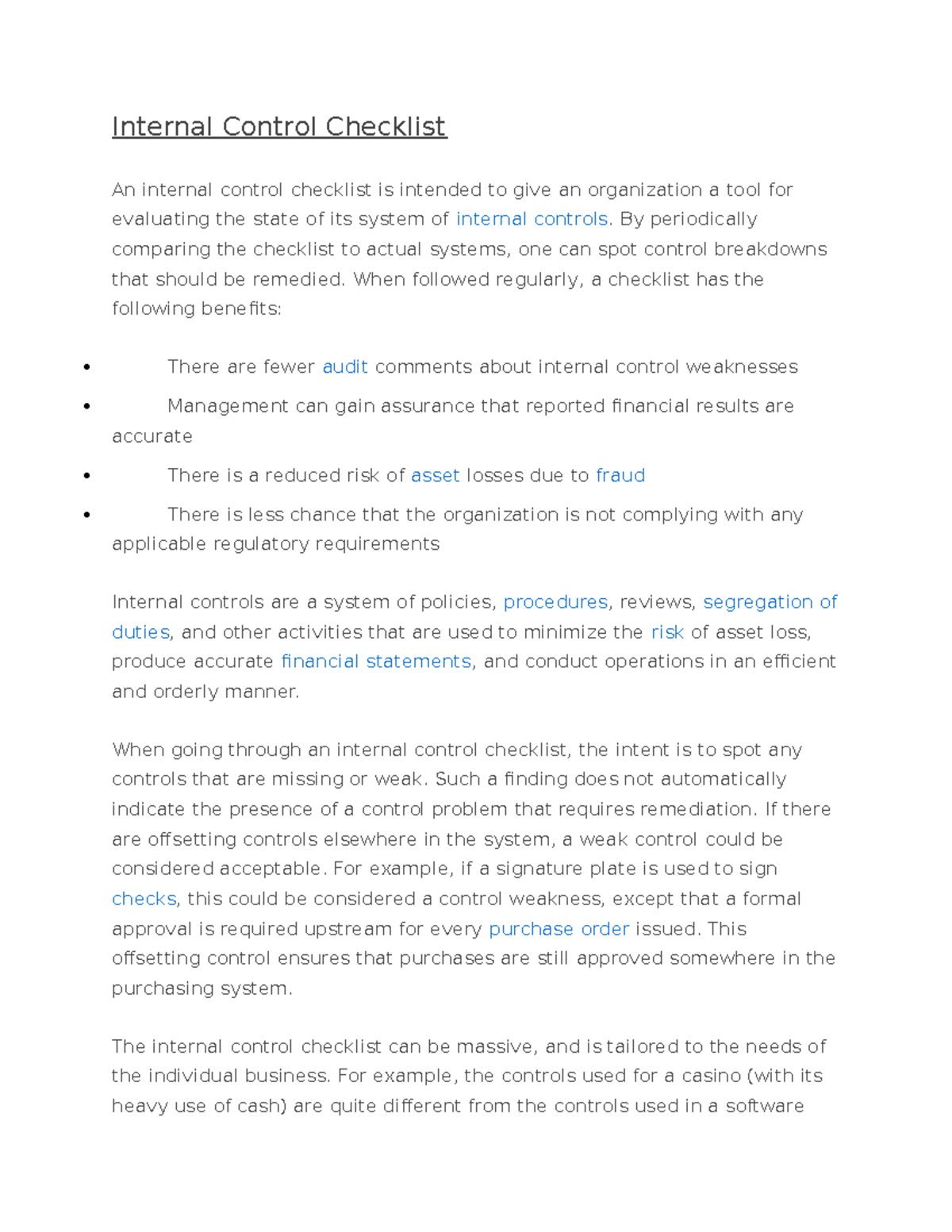Internal Control Checklist - By periodically comparing the checklist to ...