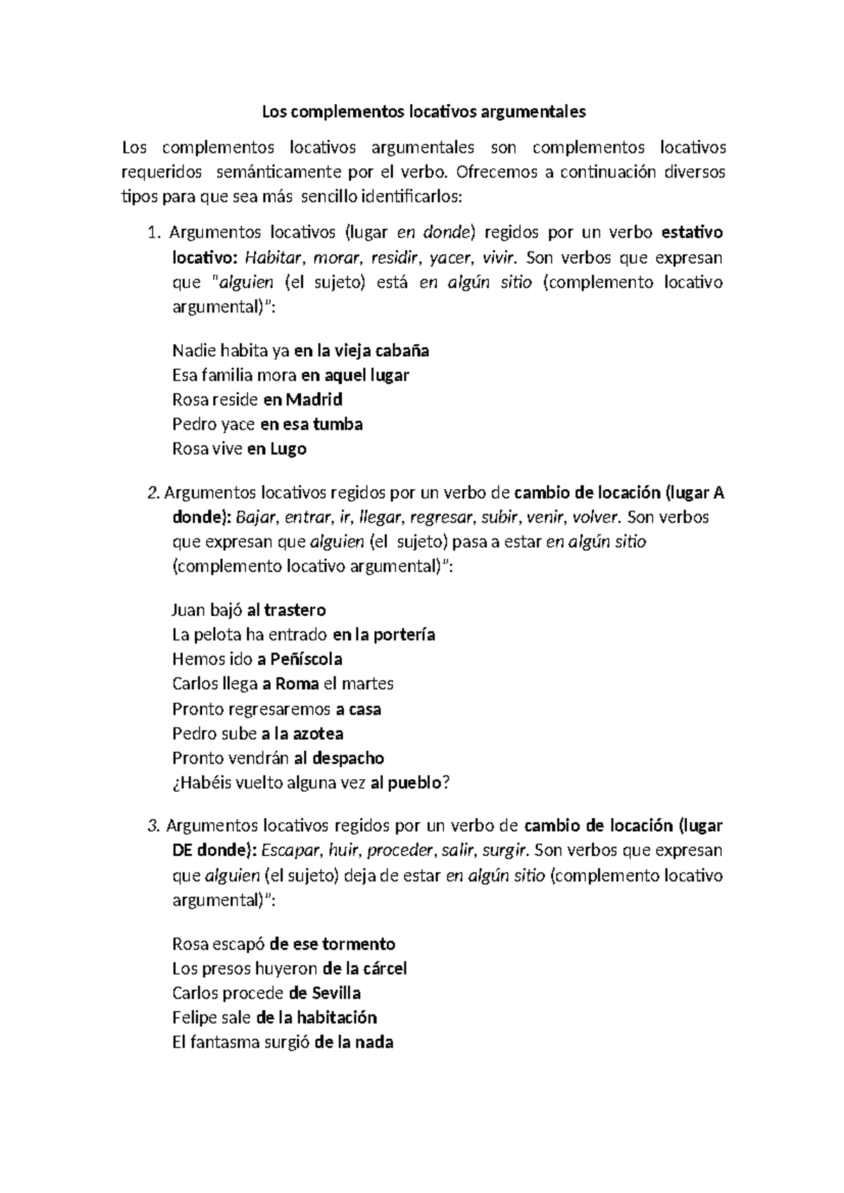 Argumentos locativos (con lista de verbos) - Los complementos locativos ...