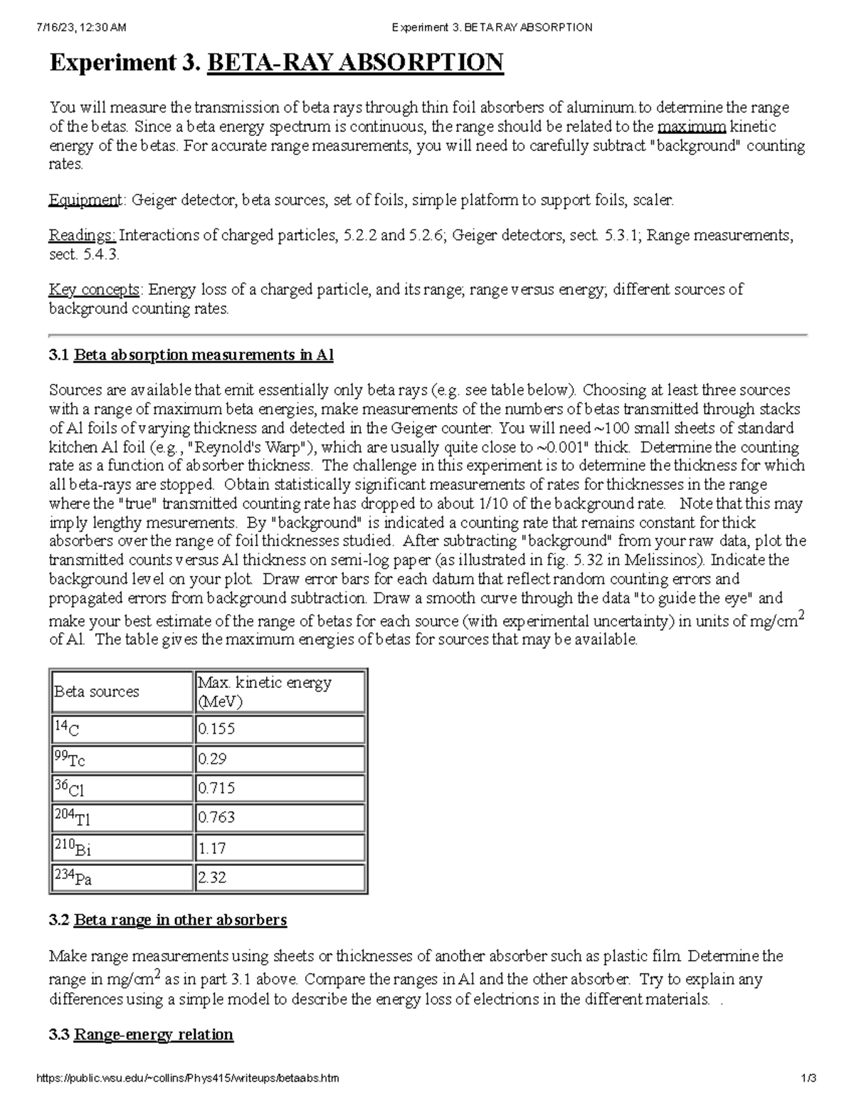 Experiment 3. BETA RAY Absorption - 7/16/23, 12:30 AM Experiment 3 ...