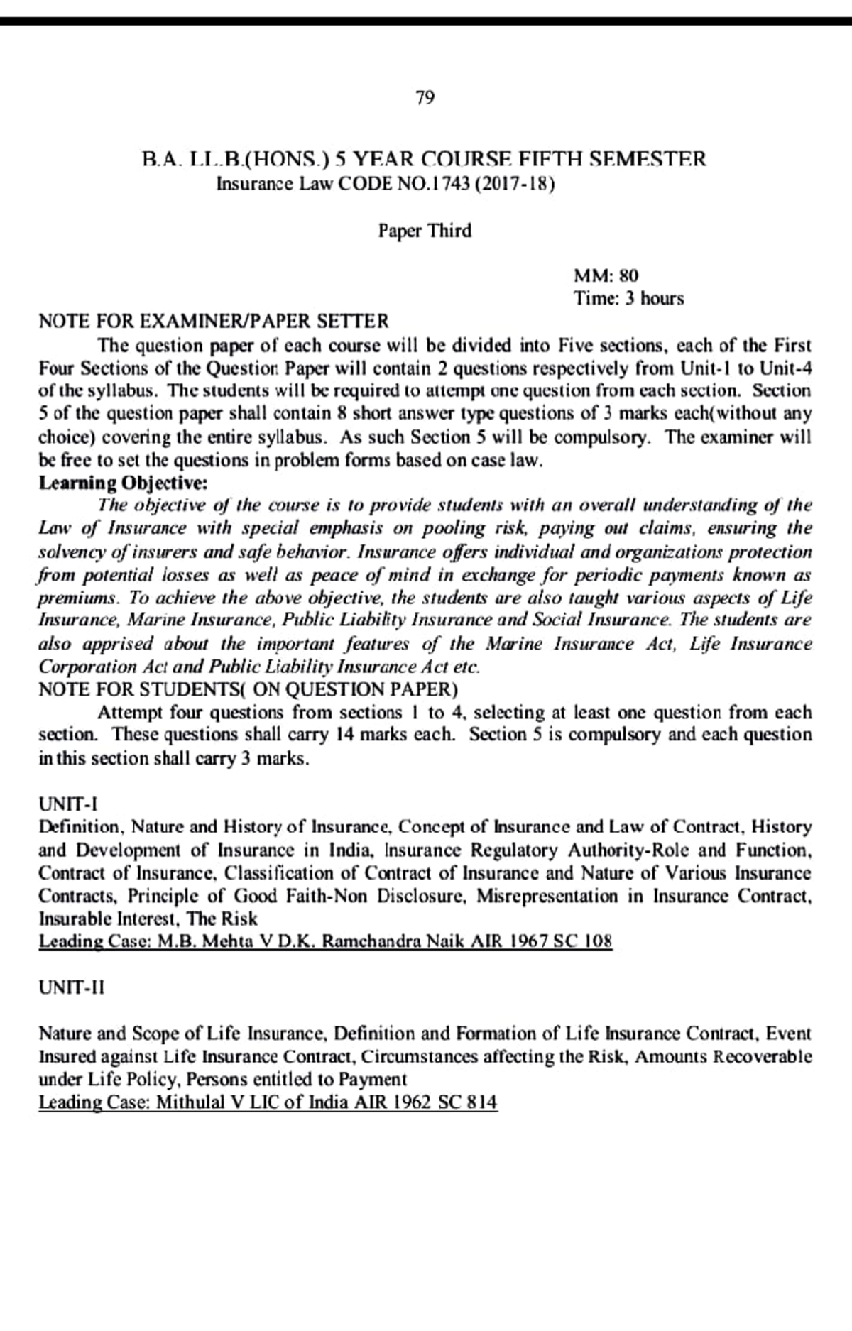 Insurance law ques. paper - 79 B. LL.(HONS.) 5 YEAR COURSE FIFTH ...
