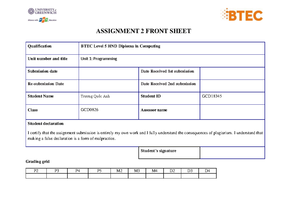 ASM2 - BTEC Level 5 HND Diploma in Computing - ASSIGNMENT 2 FRONT SHEET Qualification BTEC Level ...