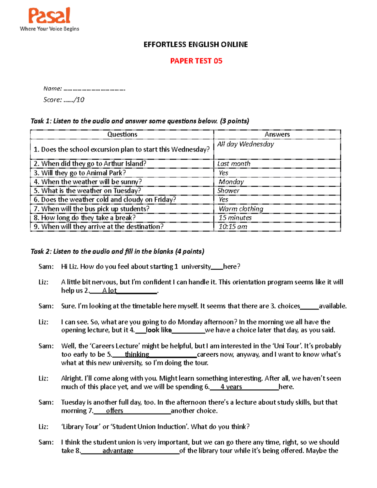 English - Practice - EFFORTLESS ENGLISH ONLINE PAPER TEST 05 Name ...