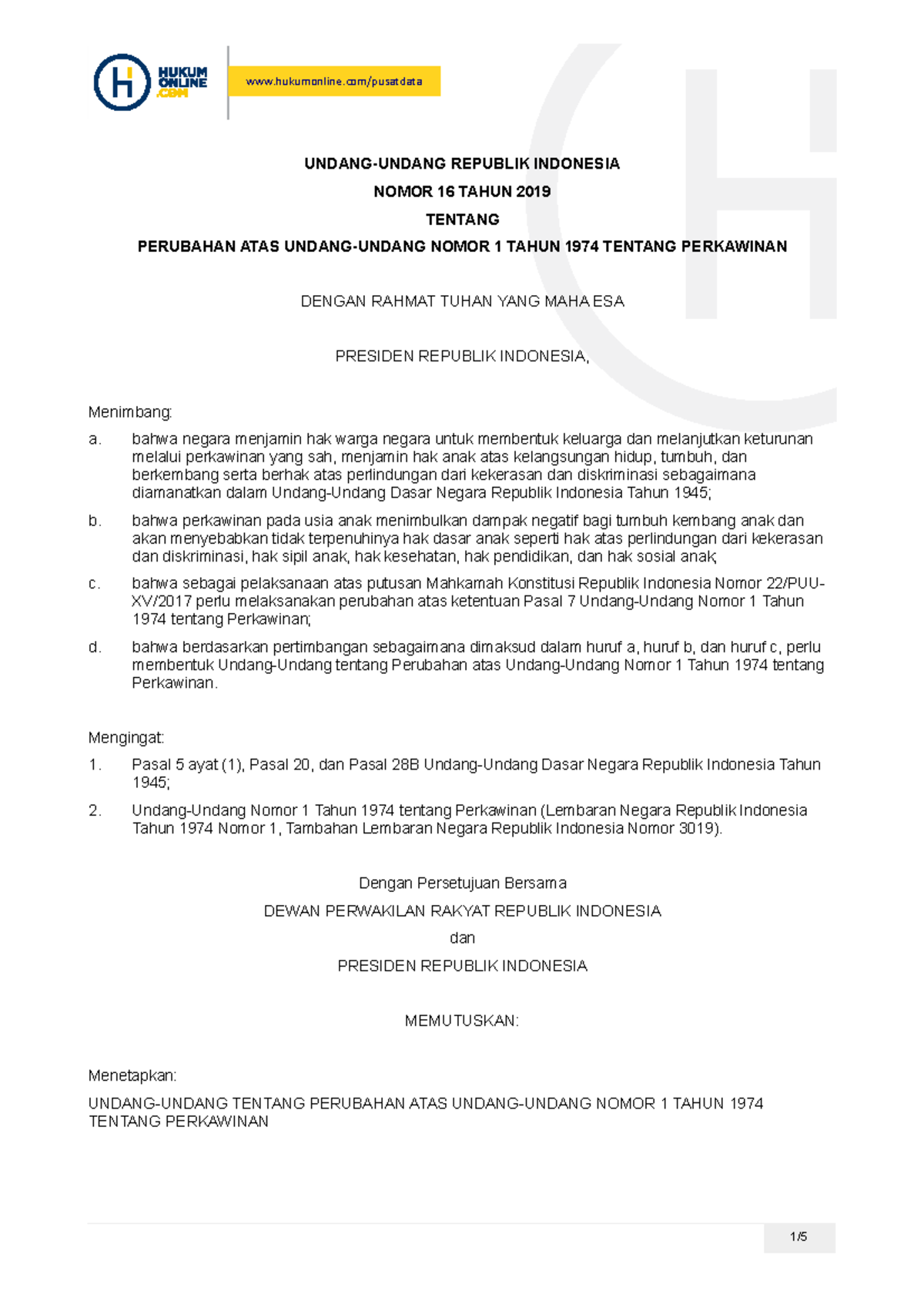 UU NO 16 2019 - makalah - UNDANG-UNDANG REPUBLIK INDONESIA NOMOR 16 ...