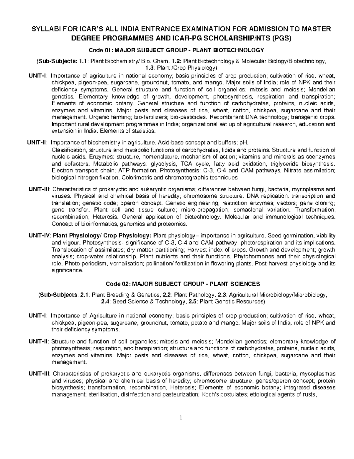 Syllabus Aieea (PG)-2020 - SYLLABI FOR ICAR’S ALL INDIA ENTRANCE ...