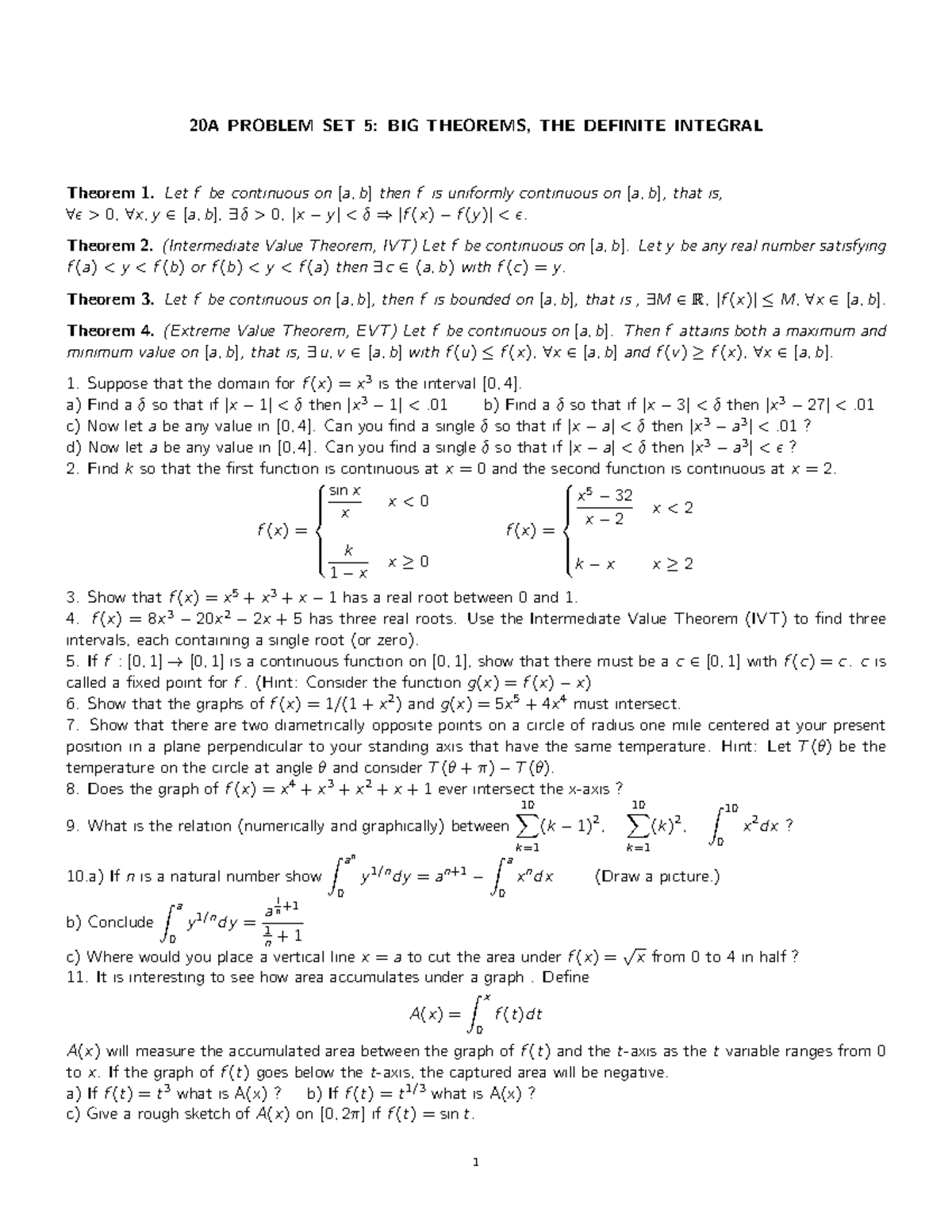 20A Problem Set 5: Big Theorem, The Definite Integral - 20A PROBLEM SET ...