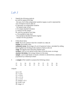 Lab 1 Statistics - LAB 1 Identify the following as nominal level, ordinal level, interval level ...