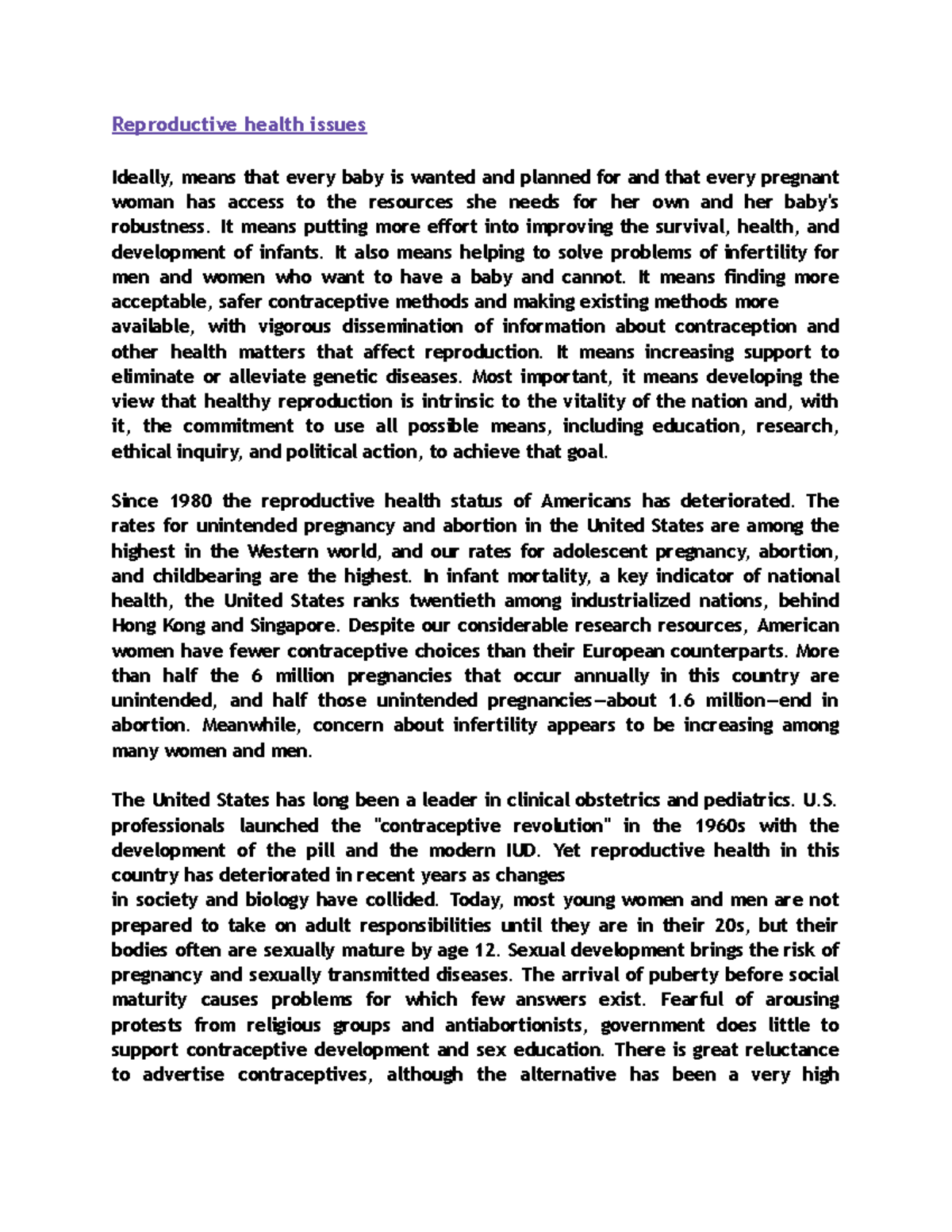 Reproductive Health Issues Infertility and Parenthood - Reproductive ...