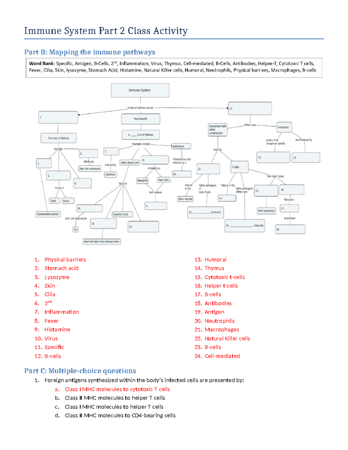 Immune System Part 2 Class Activity W2024 - Corrected - Immune System ...