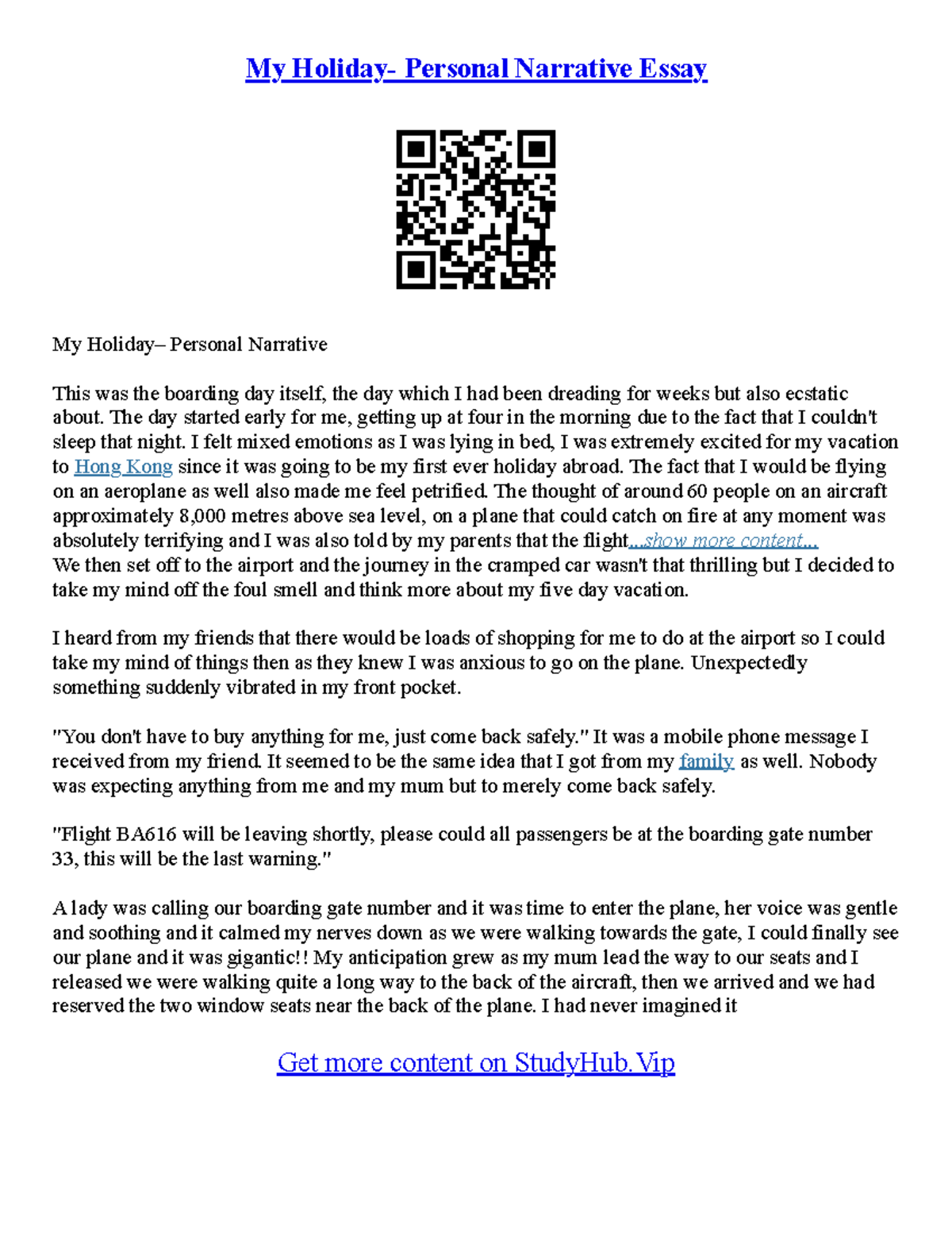 Holiday Essay Sample - My Holiday- Personal Narrative Essay My Holiday ...