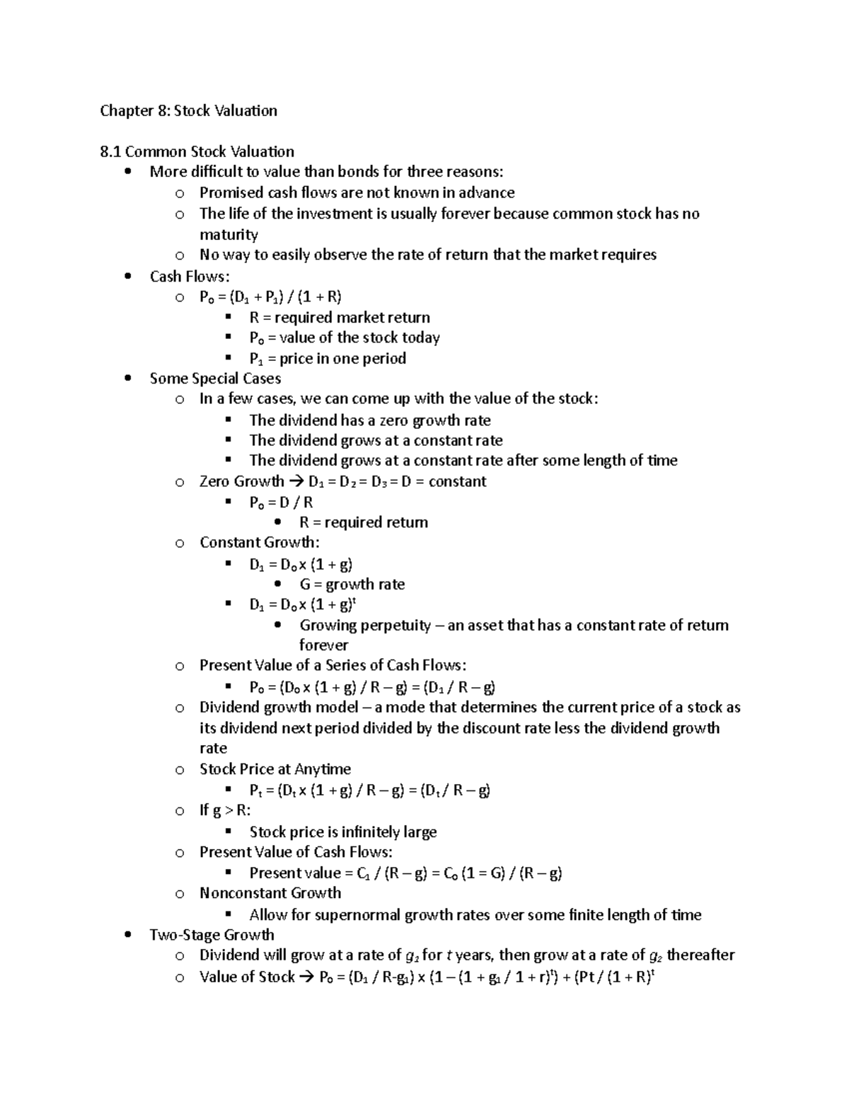 Chapter 8- Stock Valuation - Described in term of dollars per share ...