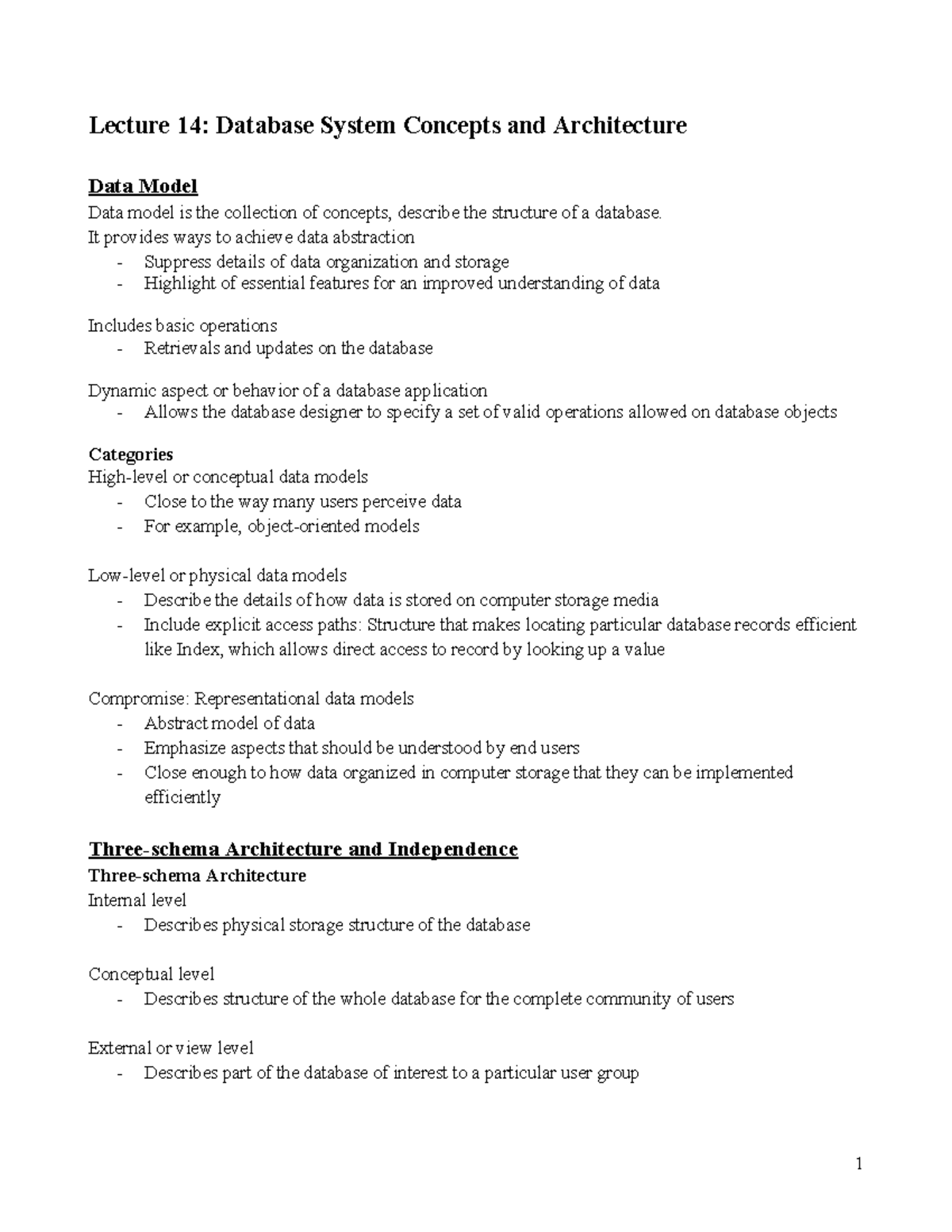 Final Review - CS 338 - Lecture 14: Database System Concepts and Architecture Data Model Data ...