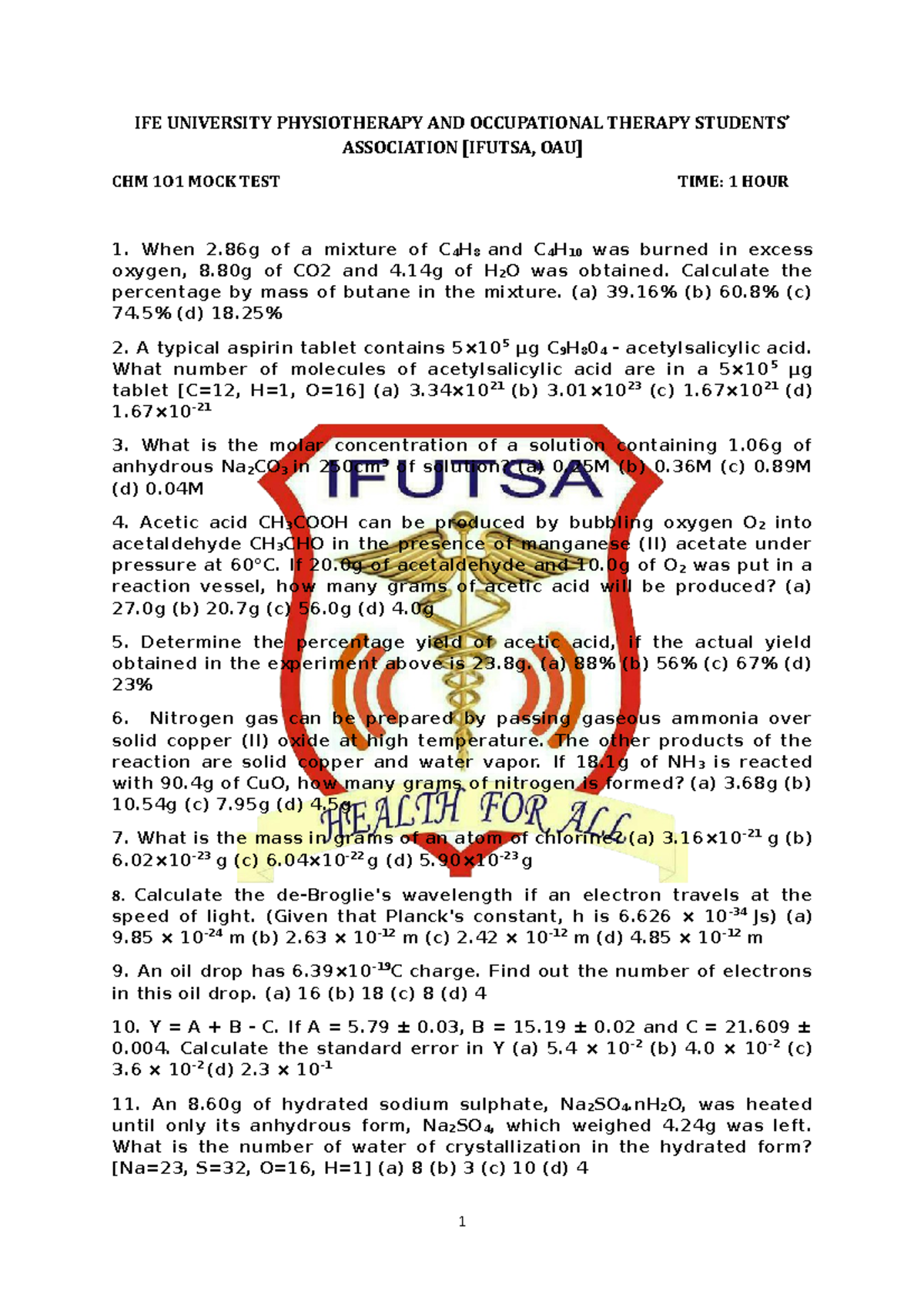 Ifutsa CHM 1O1 MOCK - Questions on CHM101 - IFE UNIVERSITY ...
