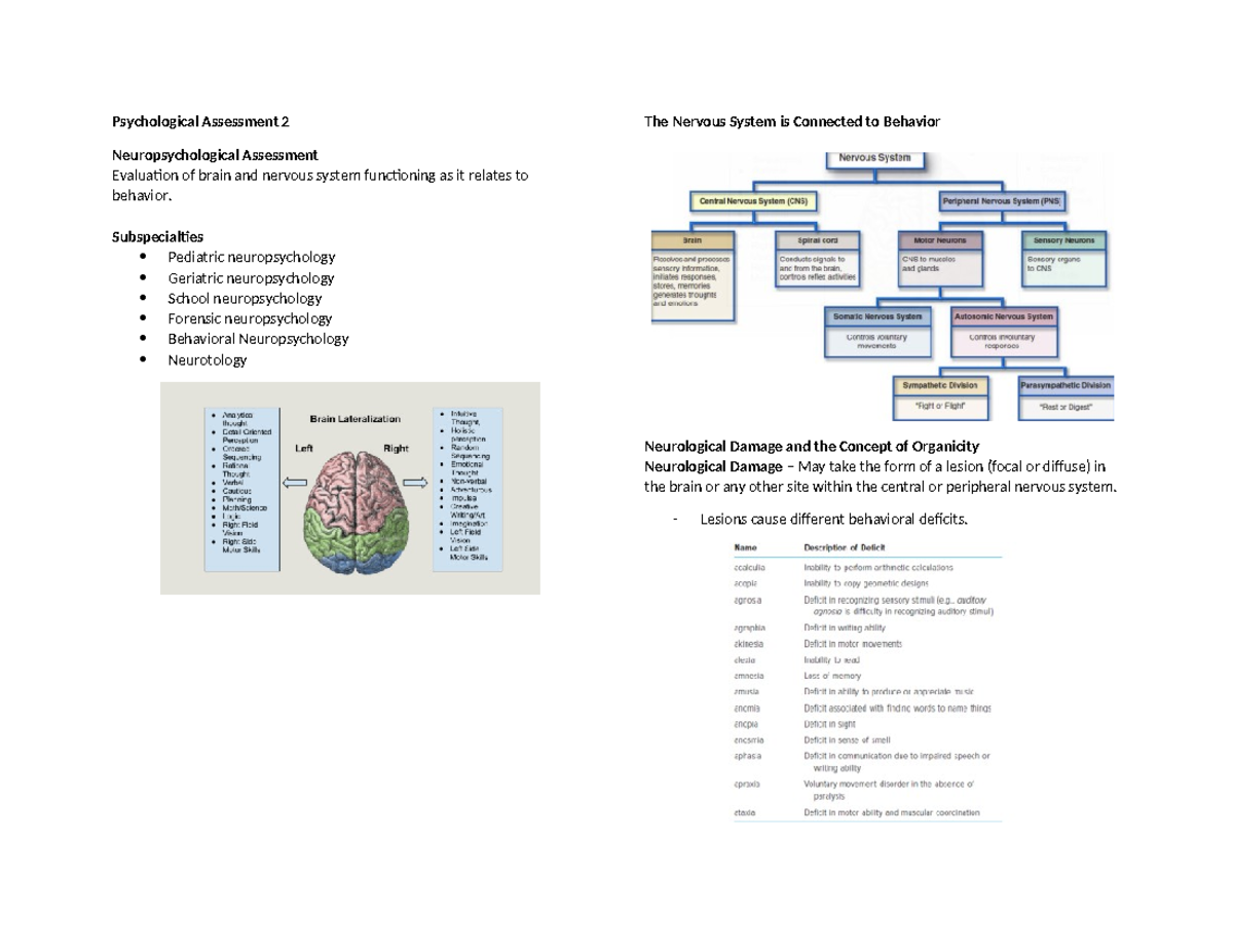 Psych Ass-Neuro - Psychological Assessment 2 Neuropsychological ...