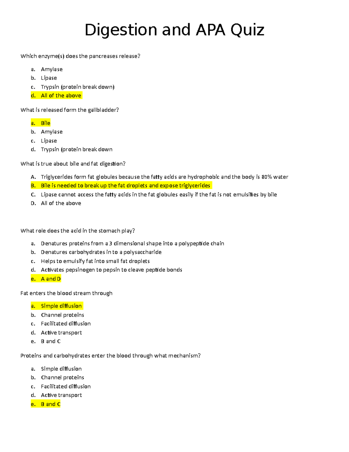 Digestion Quiz - Digestion and APA Quiz Which enzyme(s) does the ...