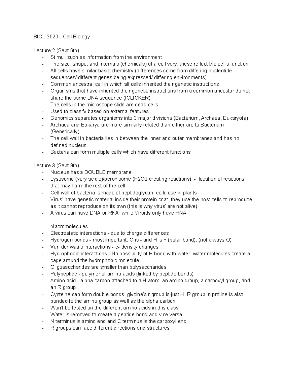 BIOL 2520 - Cell Biology - BIOL 2520 - Cell Biology Lecture 2 (Sept 6th ...