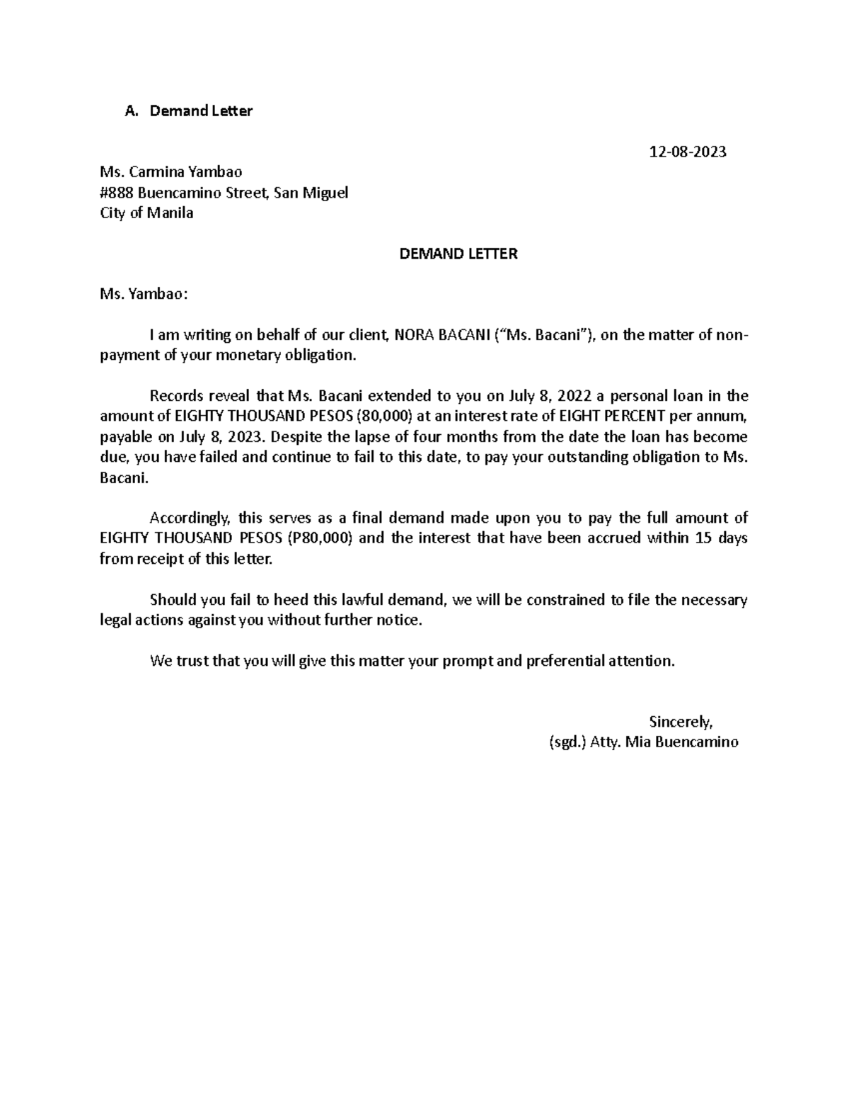 Legforms - Legal forms draft - A. Demand Letter 12-08- Ms. Carmina ...