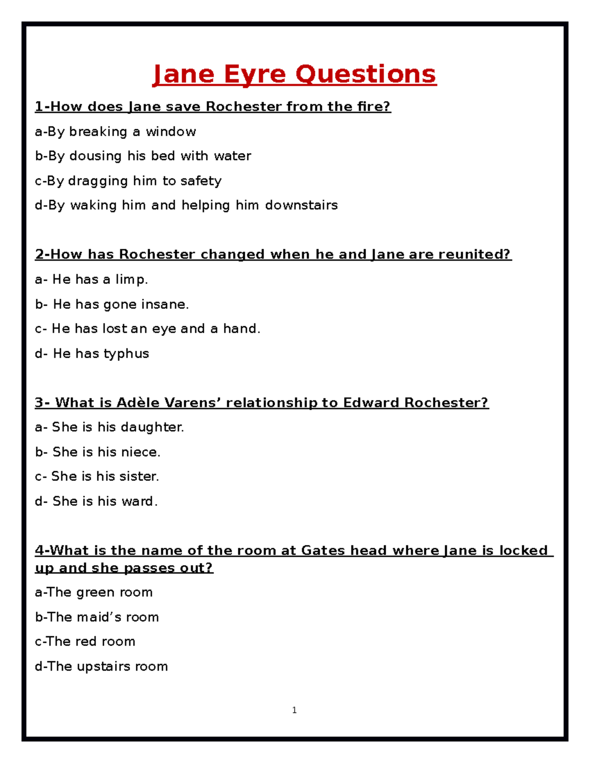 Jane Eyre Questions Wh, Choices - Jane Eyre Questions 1-How does Jane ...