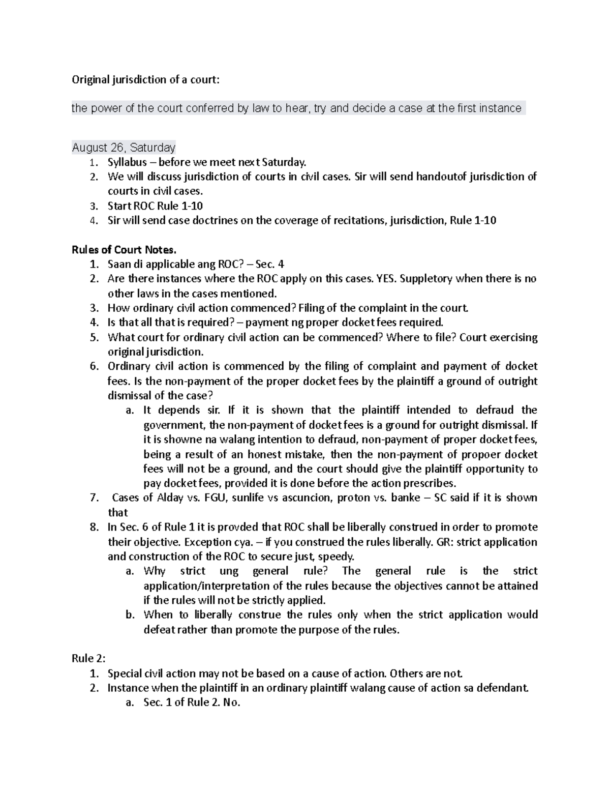 Rem-Law-Review-Notes - Original jurisdiction of a court: the power of ...