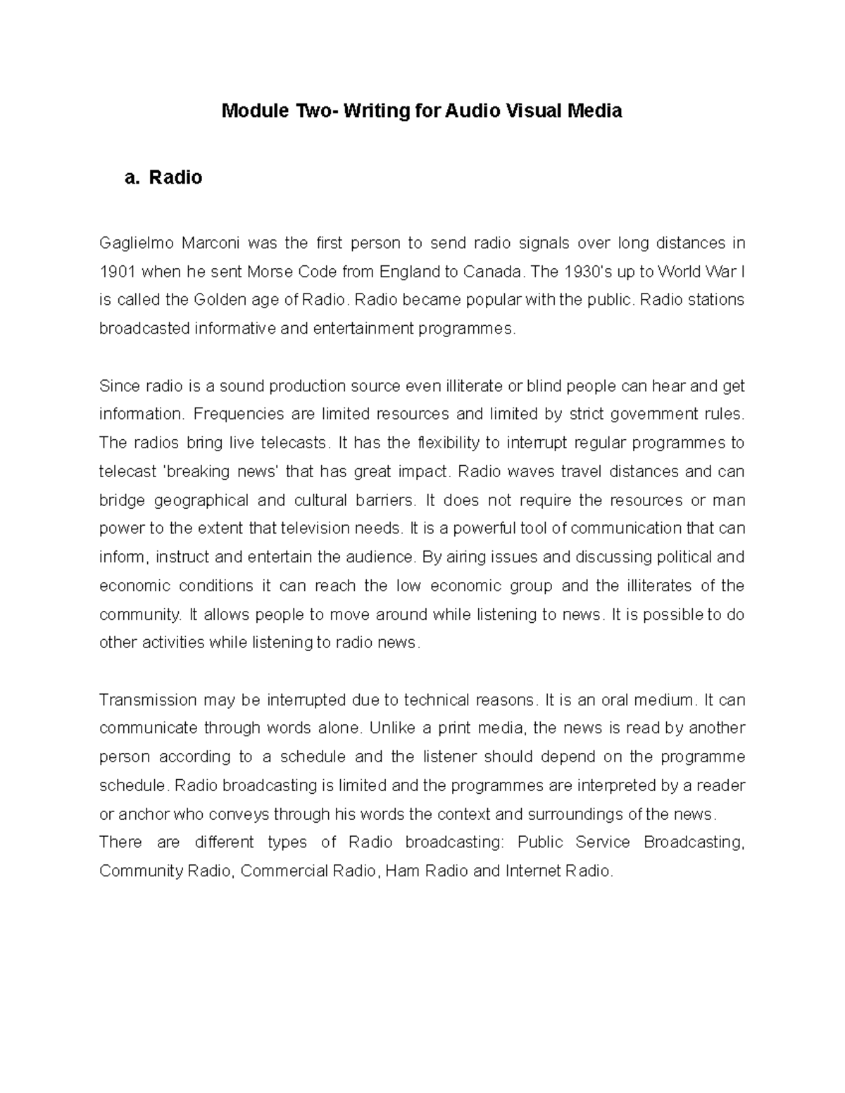 Radio - Writing for media,6 semester - Module Two- Writing for Audio ...