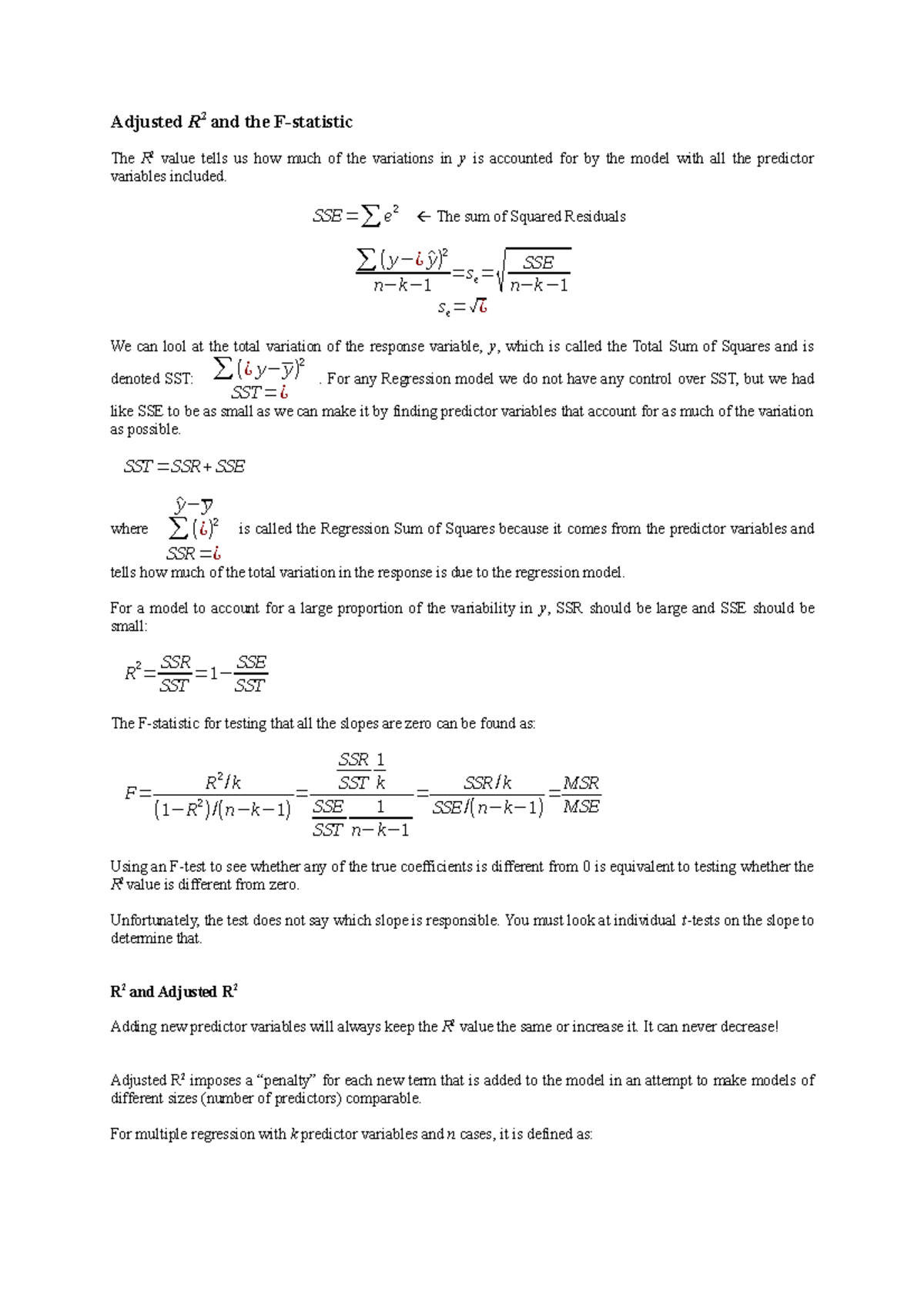 Adjusted R2 and the F - SSE=∑e 2 The sum of Squared Residuals se= √ ∑(y ...