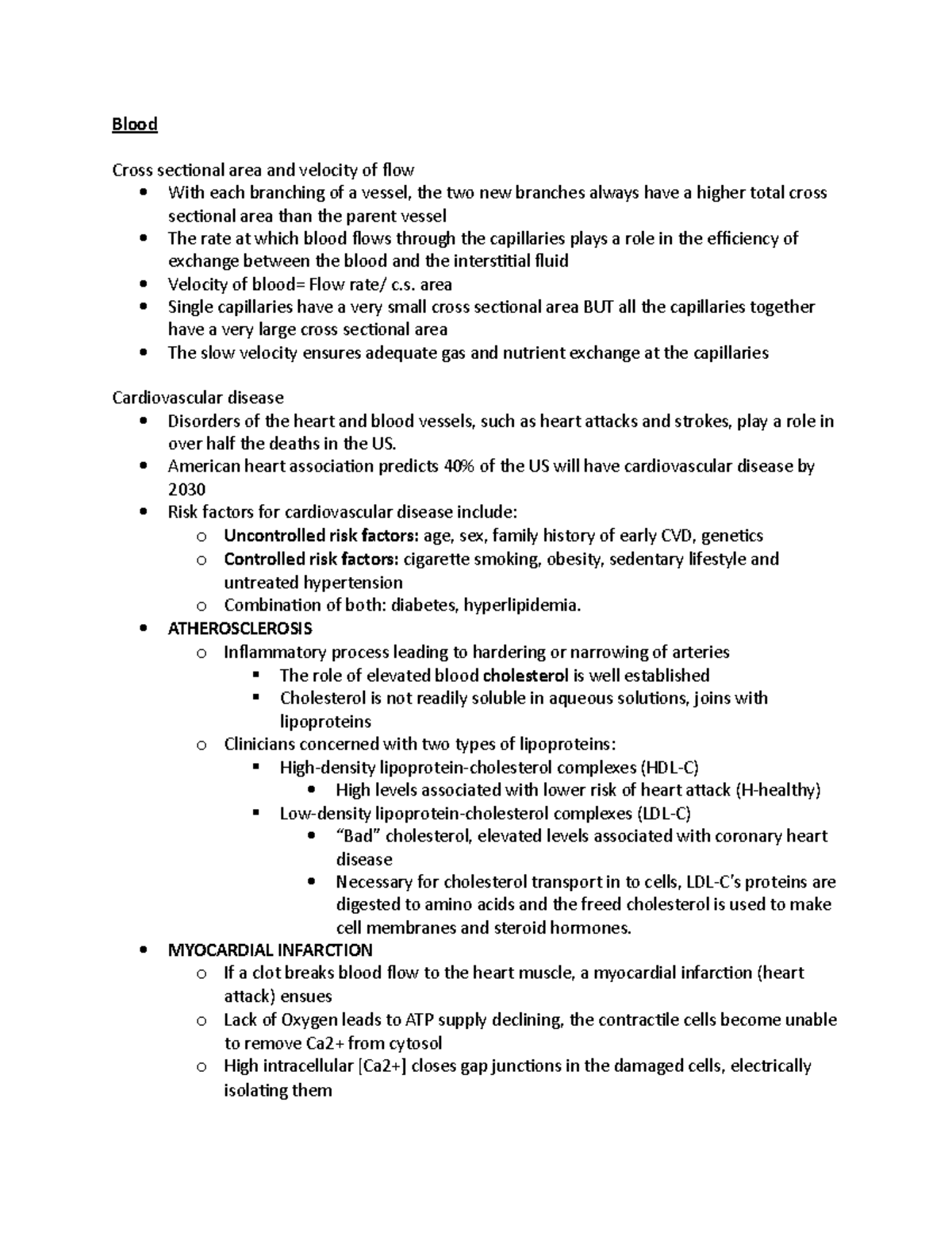 Condensed Blood Notes - Blood Cross sectional area and velocity of flow ...