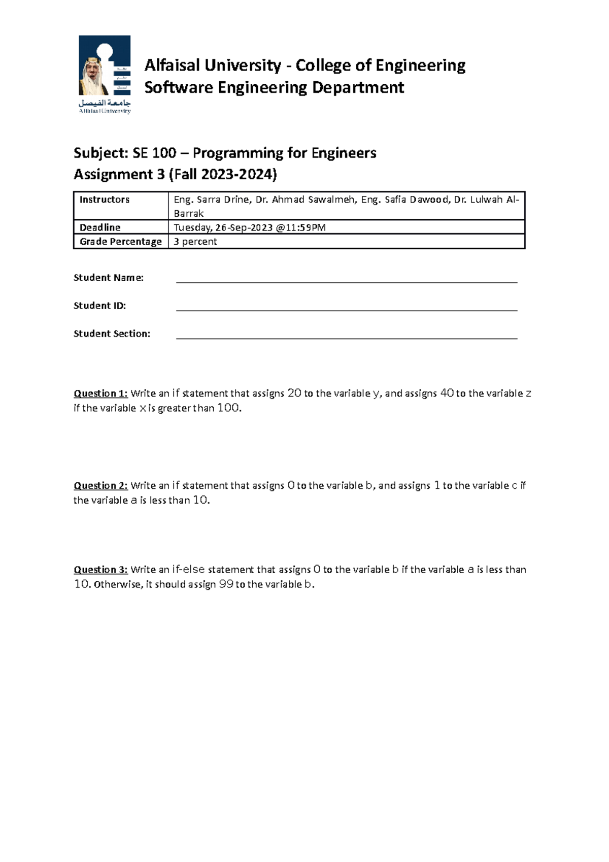 SE 100 Assignment 3 - Ugugfjgh - Alfaisal University - College of ...