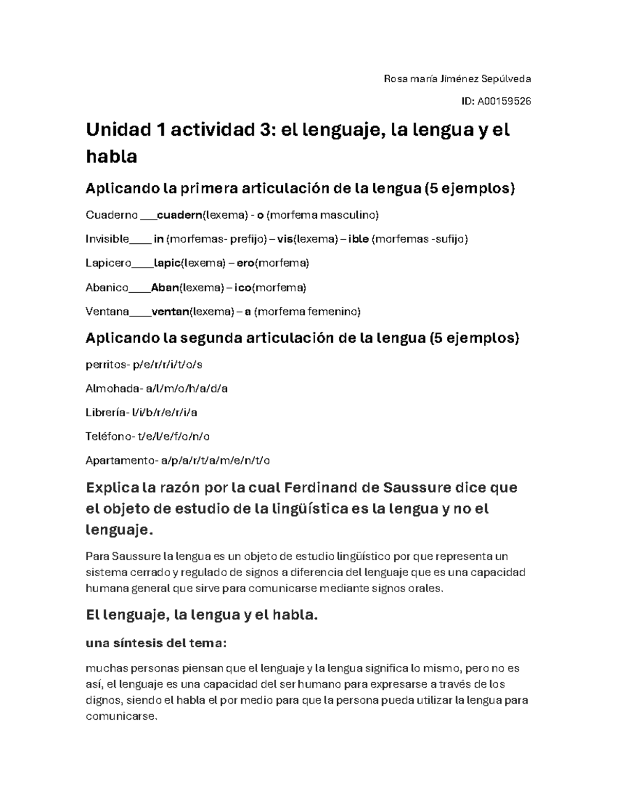 unidad 1 actividad 3 El lenguaje, La lengua y el habla - Rosa maría ...