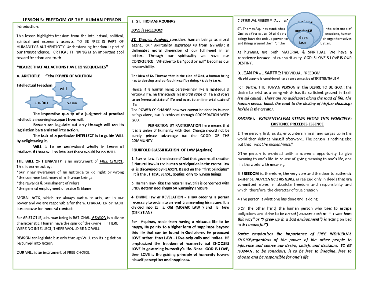 The Human Freedom - LESSON 5: FREEDOM OF THE HUMAN PERSON 1 action ...