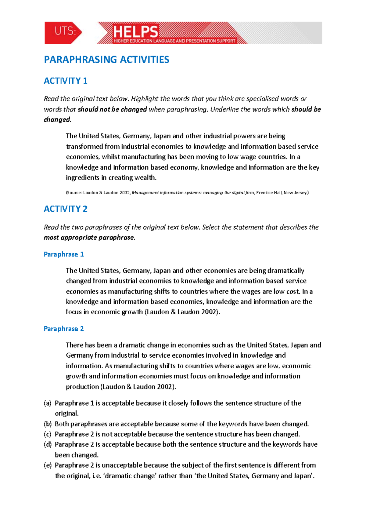 Paraphrasing Handout - Activity - PARAPHRASING ACTIVITIES ACTIVITY 1 ...