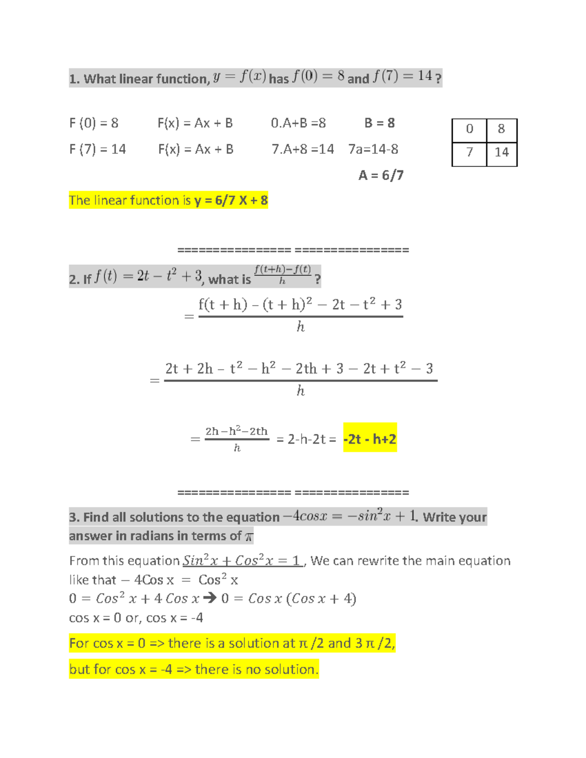 Assgn unit 1 Calculus - 1. What linear function, has and? F (0) = 8 F(x ...