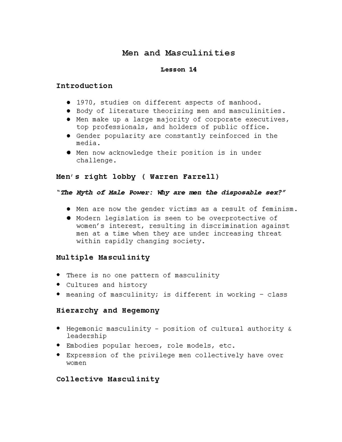 Lesson 14 Men and Masculinities - Men and Masculinities Lesson 14 ...