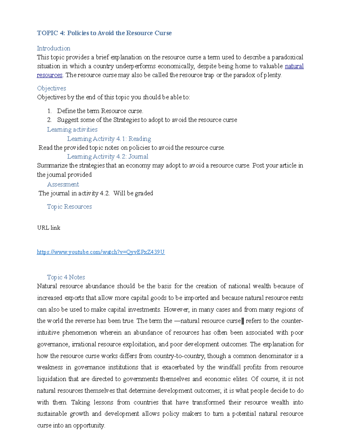 Topic 4 - lecture notes - TOPIC 4: Policies to Avoid the Resource Curse ...