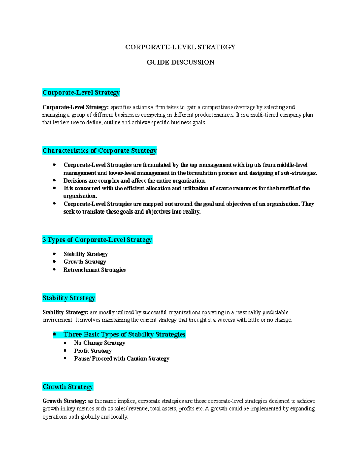 Corporate-Level Strategy Guide Discussion - CORPORATE-LEVEL STRATEGY ...