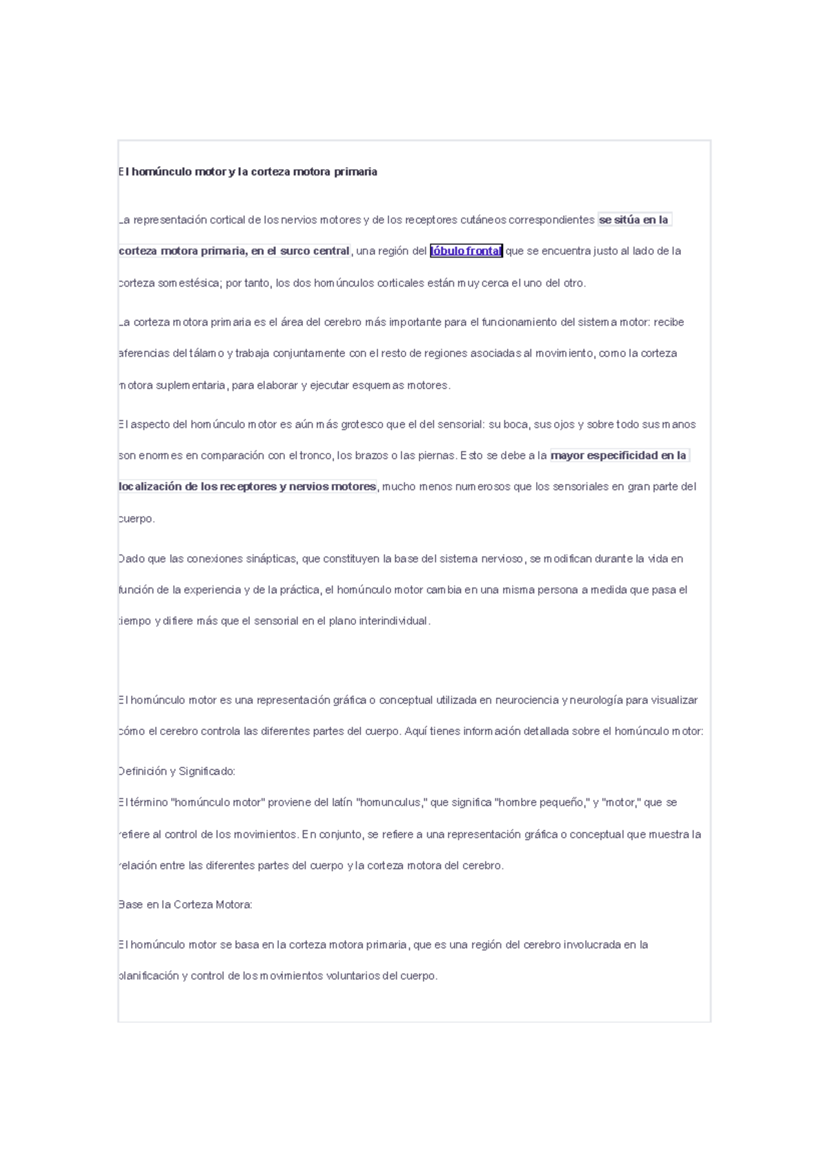 El homúnculo motor y la corteza motora primaria - El homúnculo motor y ...