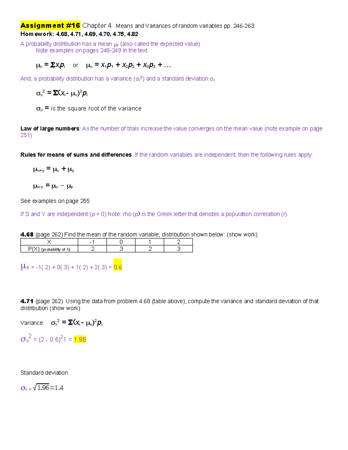 UA Stat Assignment #16 - Assignment #16 Chapter 4 Means and Variances ...