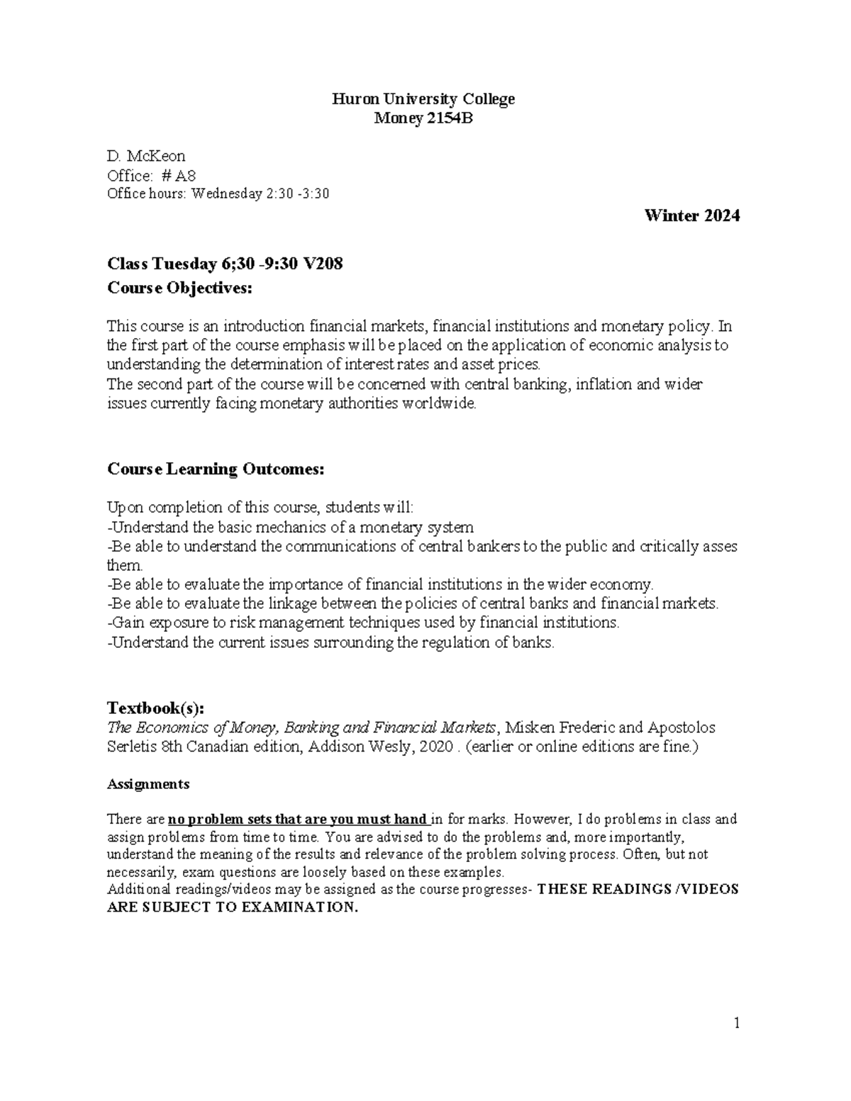 2154 H Course Outline - Huron University College Money 2154B D. McKeon ...
