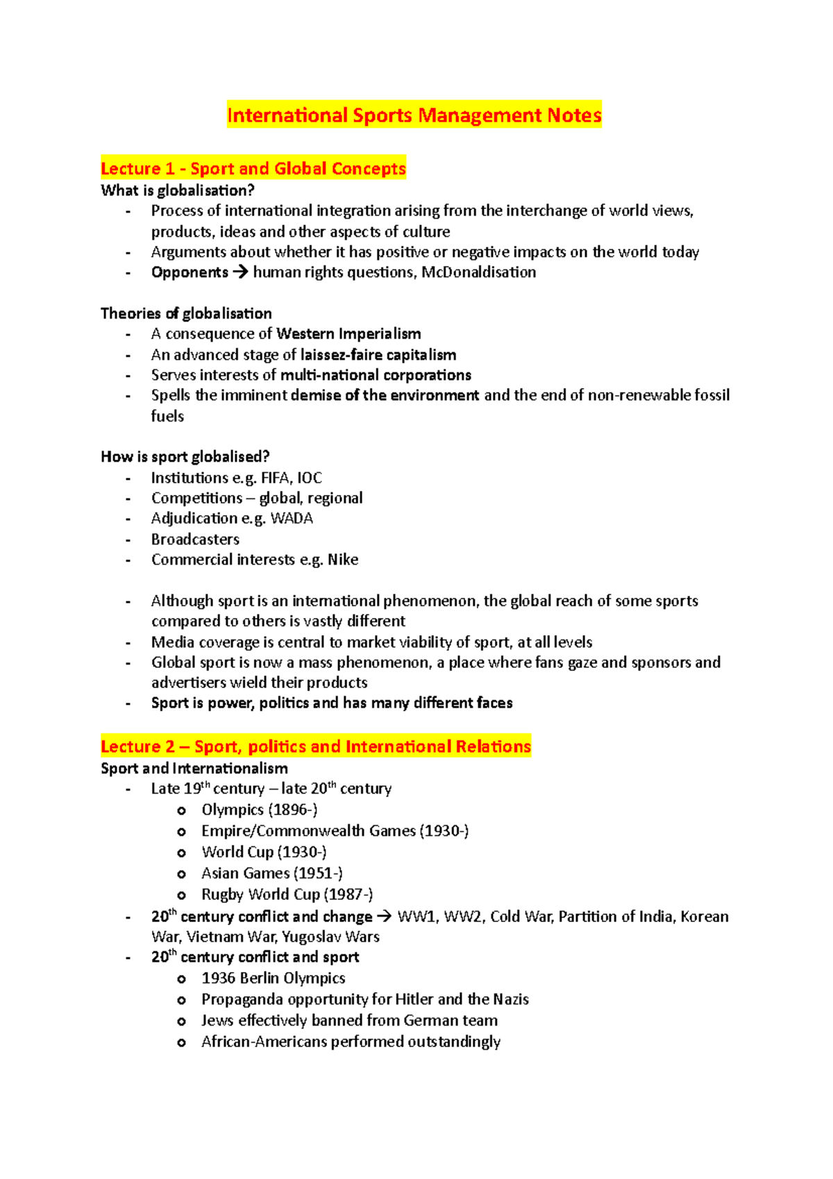 International Sports Management Notes - FIFA, IOC - Competitions ...
