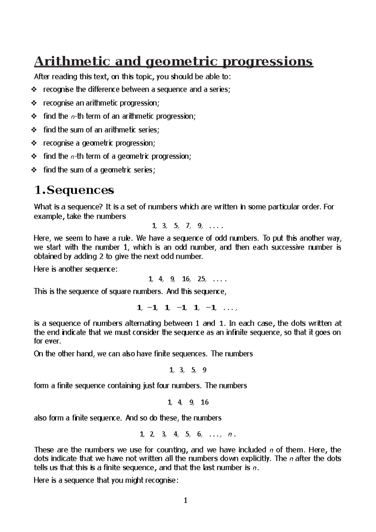 Series AND Sequence W - 1 Arithmetic and geometric progressions After reading this text, on this ...