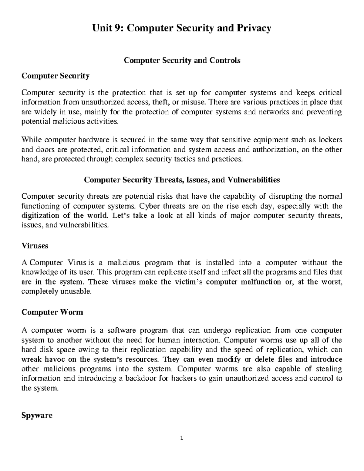 Unit 9 Computer Security and Privacy 6 - Unit 9: Computer Security and Privacy Computer Security ...