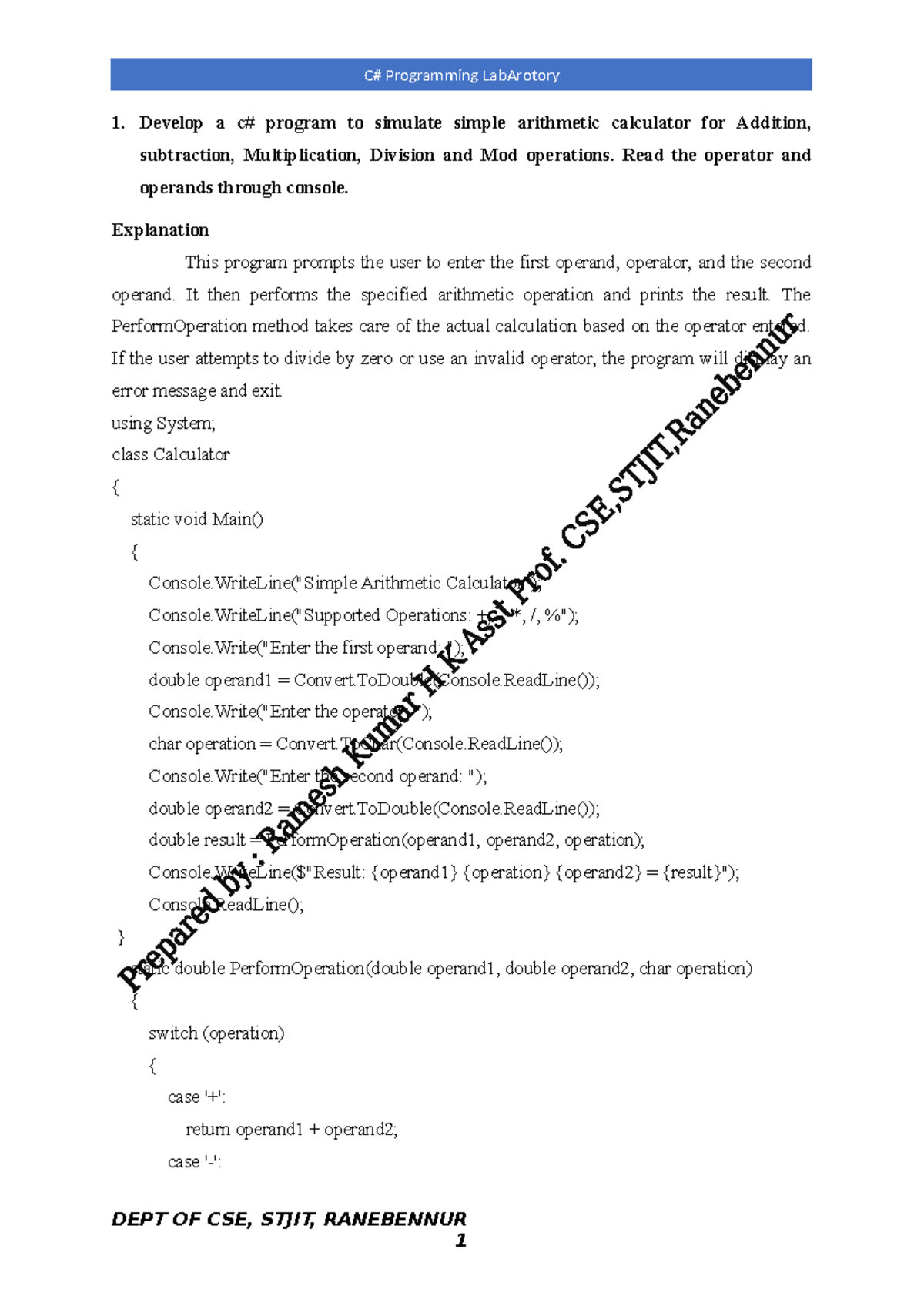 C# lab modified - Develop a c# program to simulate simple arithmetic ...