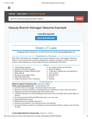 Deputy Branch Manager Resume Example 1 - LiveCareer Resume Search ...