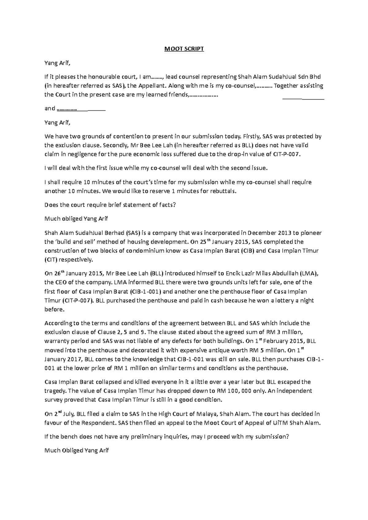 MOOT Script - gudluck - MOOT SCRIPT Yang Arif, If it pleases the ...