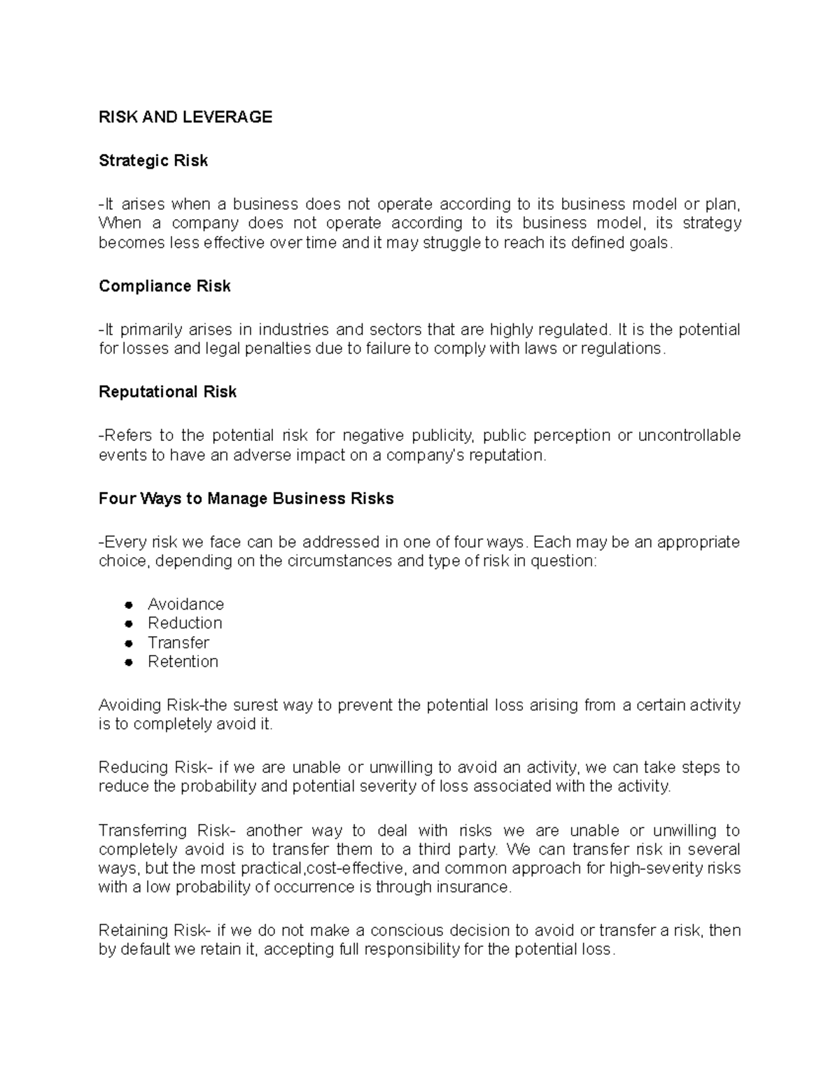 RISK AND Leverage-notes - RISK AND LEVERAGE Strategic Risk -It arises ...