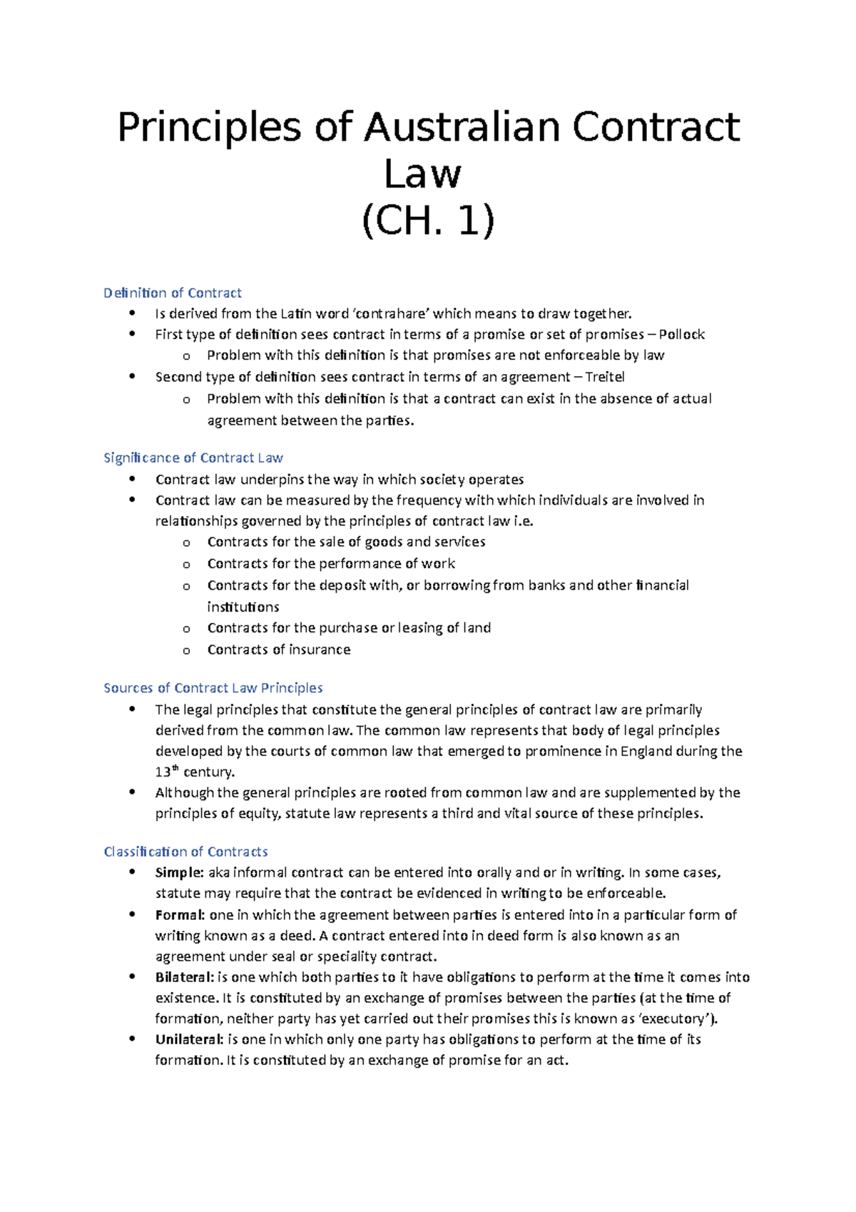Readings - Basic reading summaries - Principles of Australian Contract ...
