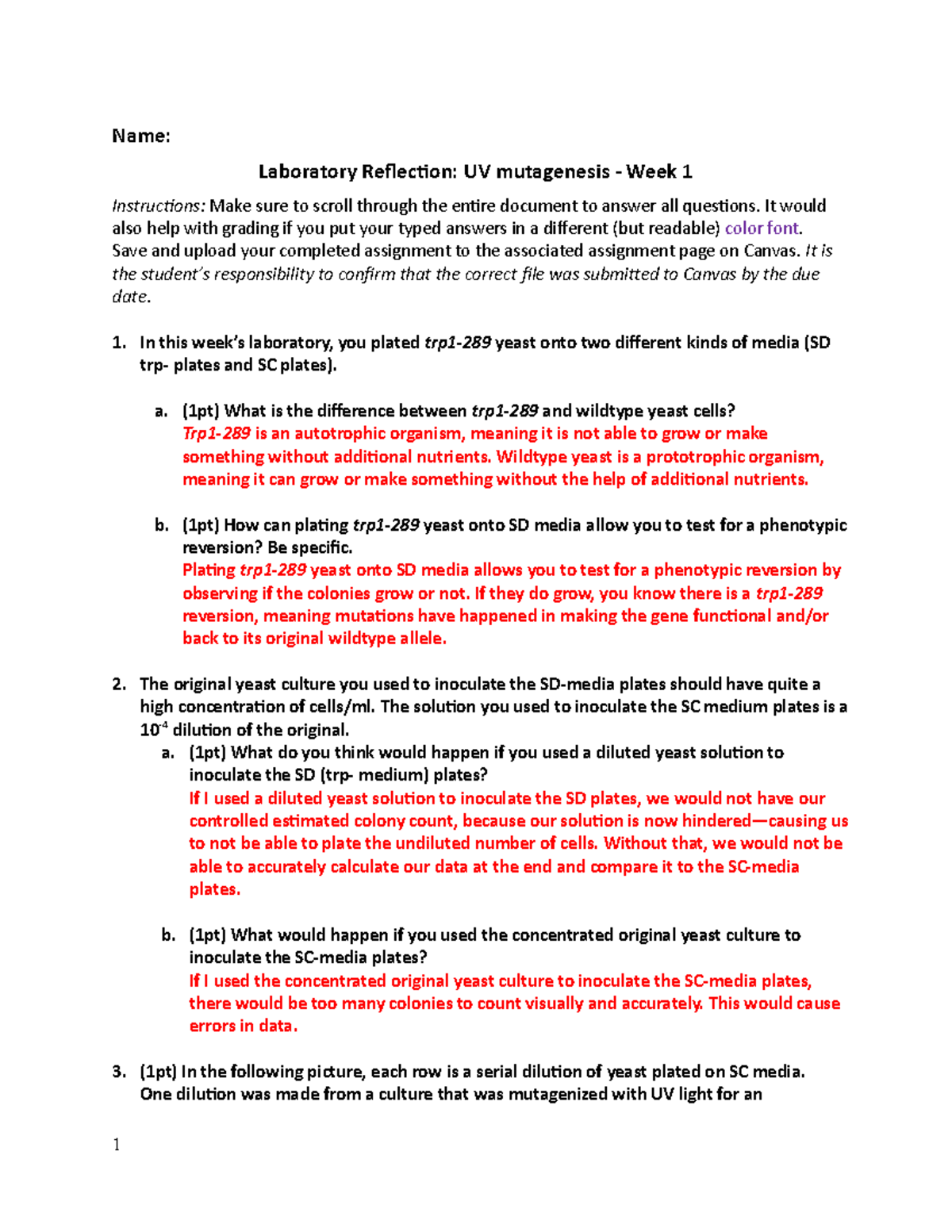L113 Week 4 laboratory reflection - UV mutagenesis - Name: Laboratory ...