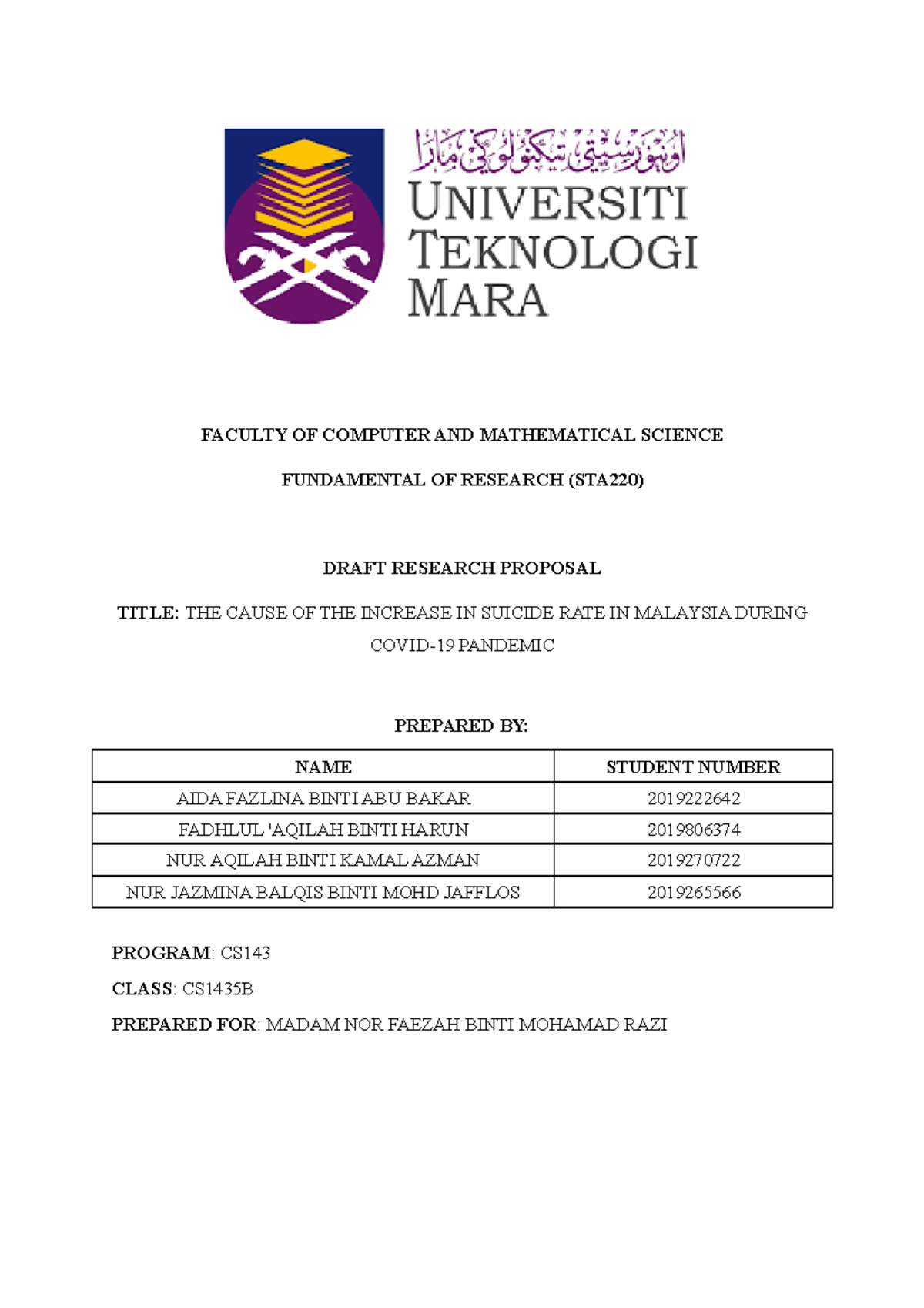 Project Research Proposal - FACULTY OF COMPUTER AND MATHEMATICAL ...