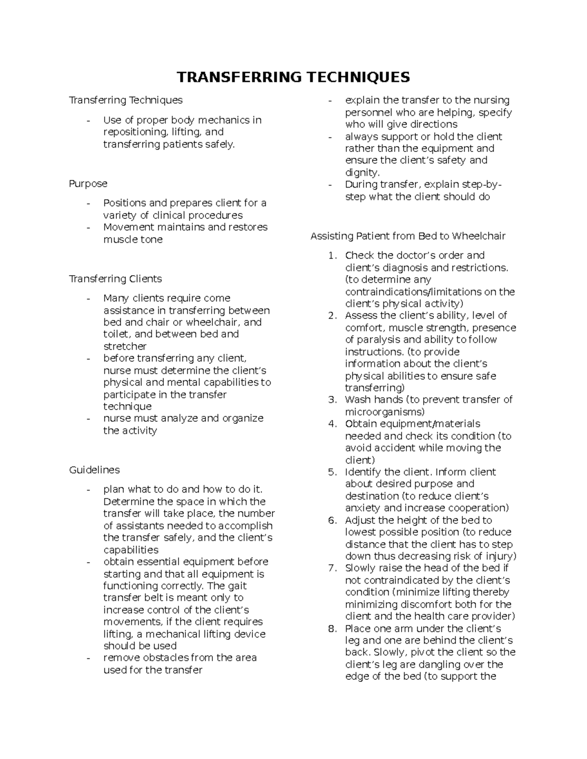 Transferring ORAL CARE Lecture - TRANSFERRING TECHNIQUES Transferring ...